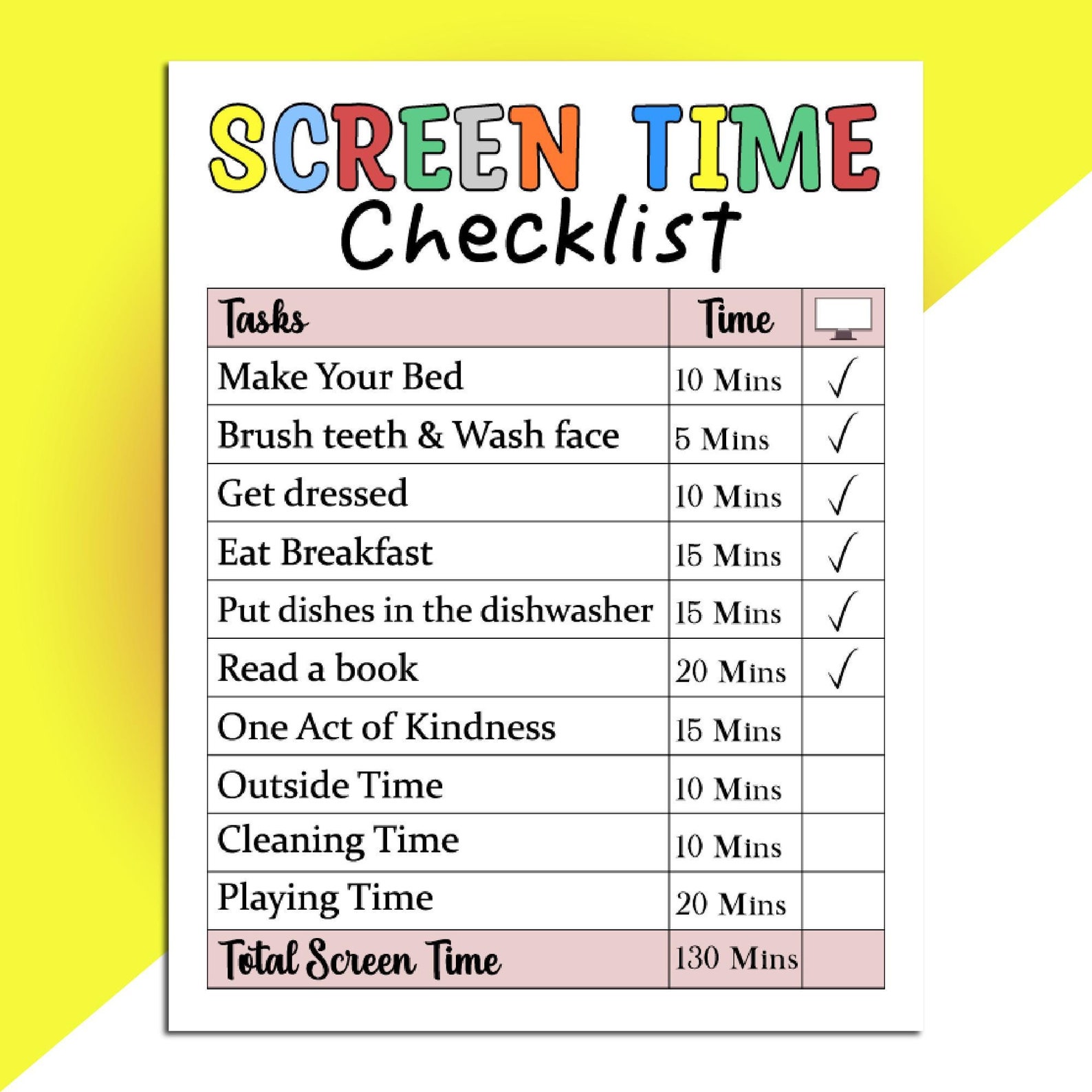 Screen Time Checklist Kids Printable, Earn Screen Time, Screen Time ...