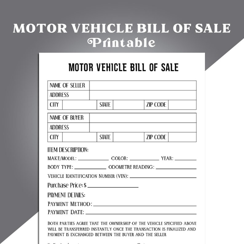 Motor Vehicle Bill of Sale Printable, Vehicle Bill of Sale Template ...