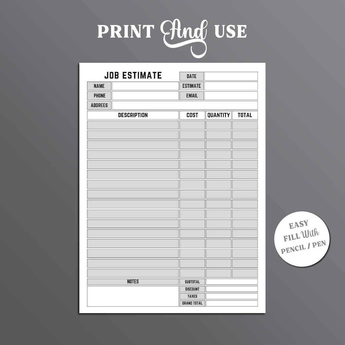 Estimate Form Printable, Job Estimate Template, Easy and Simple Job ...