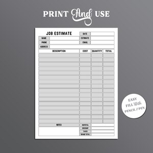Estimate Form Printable, Job Estimate Template, Easy and Simple Job ...
