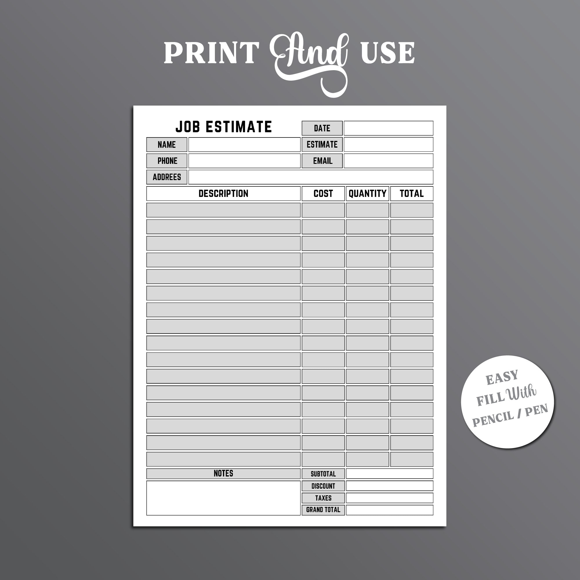 Estimate Form Printable, Job Estimate Template, Easy and Simple Job Estimate Form, Job Proposal ...