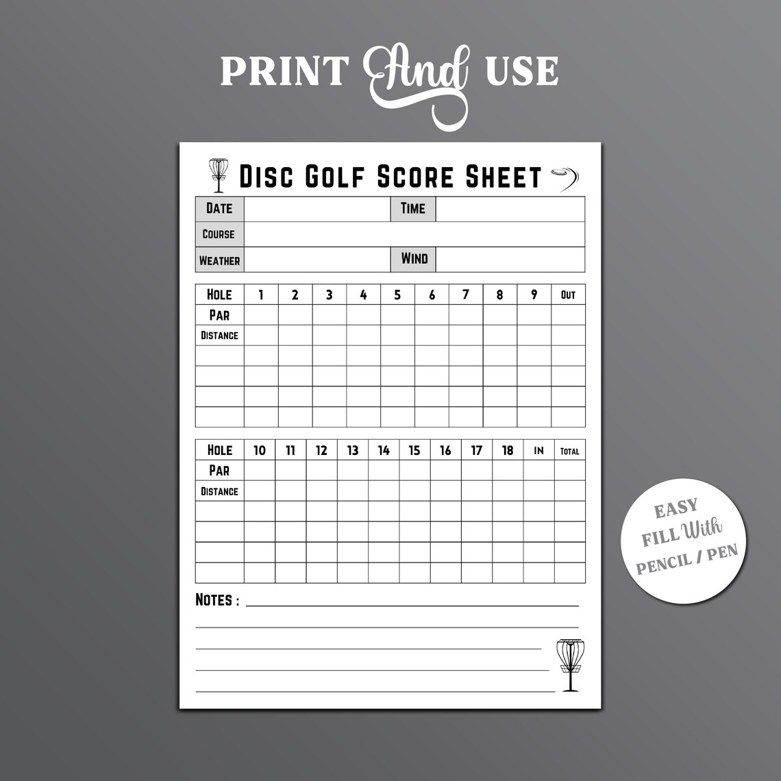 Disc Golf Score Sheet, Disc Golf Score Card, Disc Golf Score Keeper ...