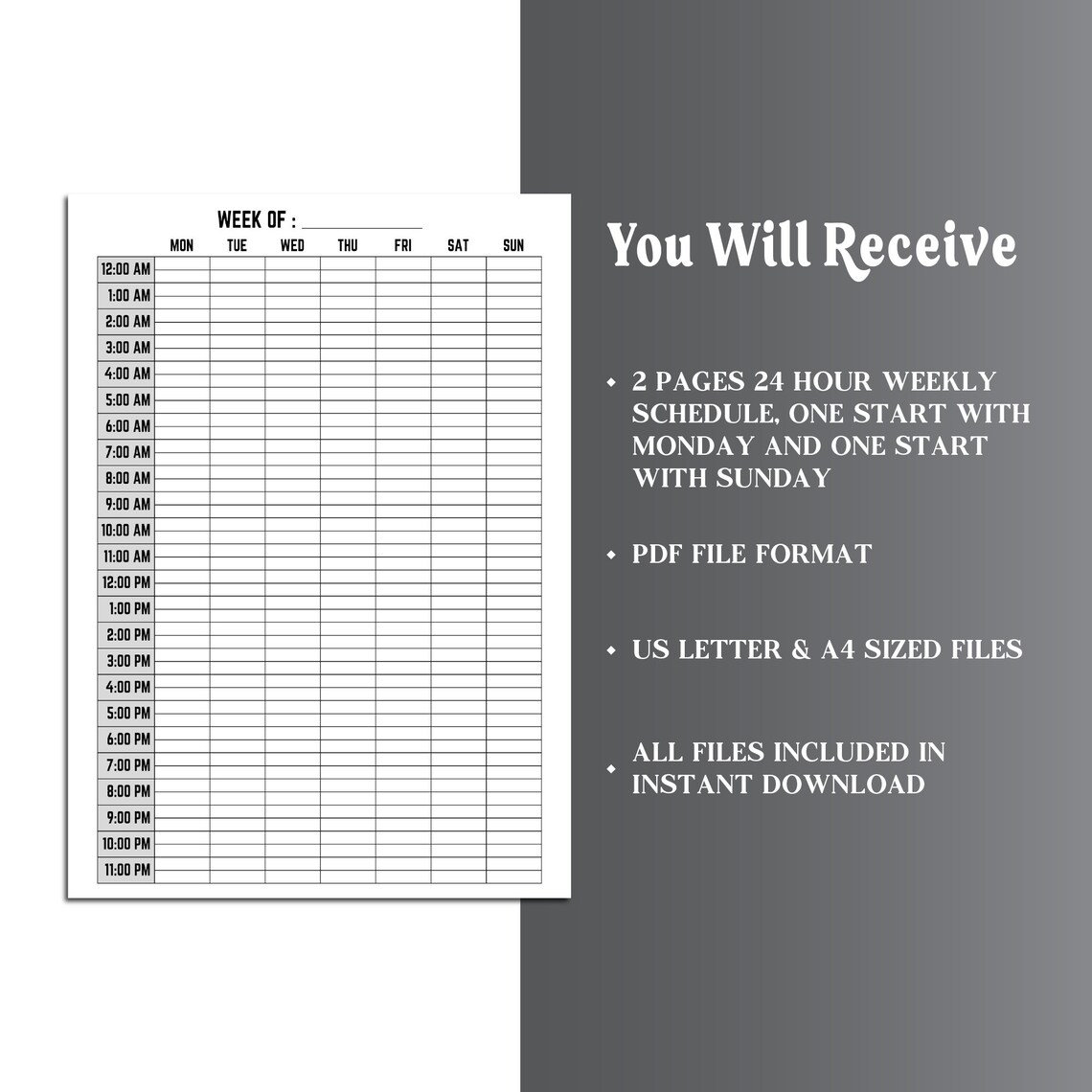 24 Hour Weekly Schedule Printable, Printable Daily Planner, Hourly ...
