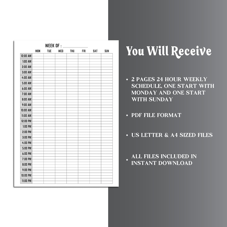 24 Hour Weekly Schedule Printable, Printable Daily Planner, Hourly ...