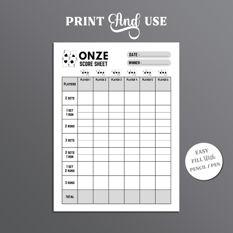 Onze Score Sheet, Onze Scorekeeping, Onze Card Game Score Pad Printabel ...