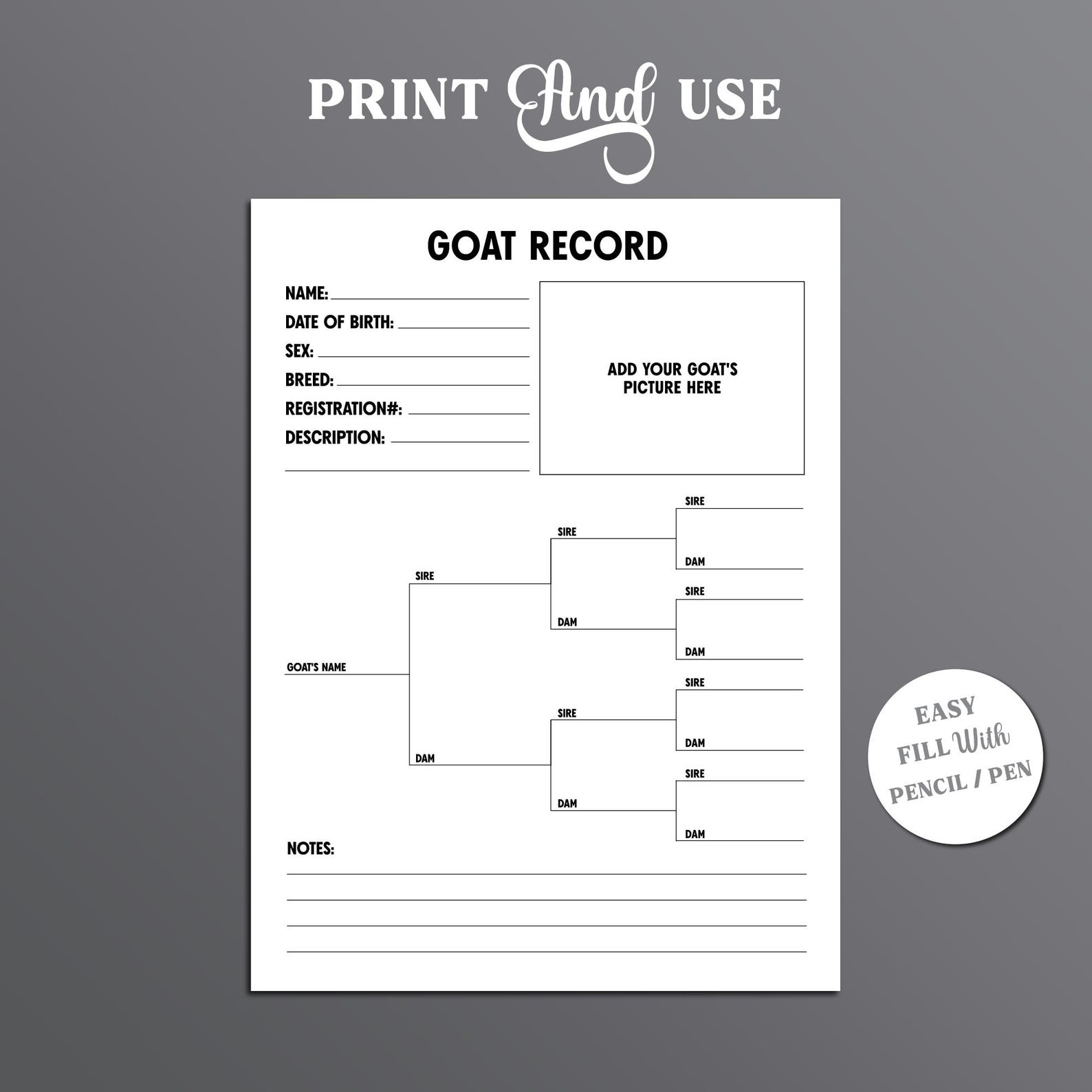 Goat Pedigree Template Printable, Goat ID Form, Fillable Form, Goat ...