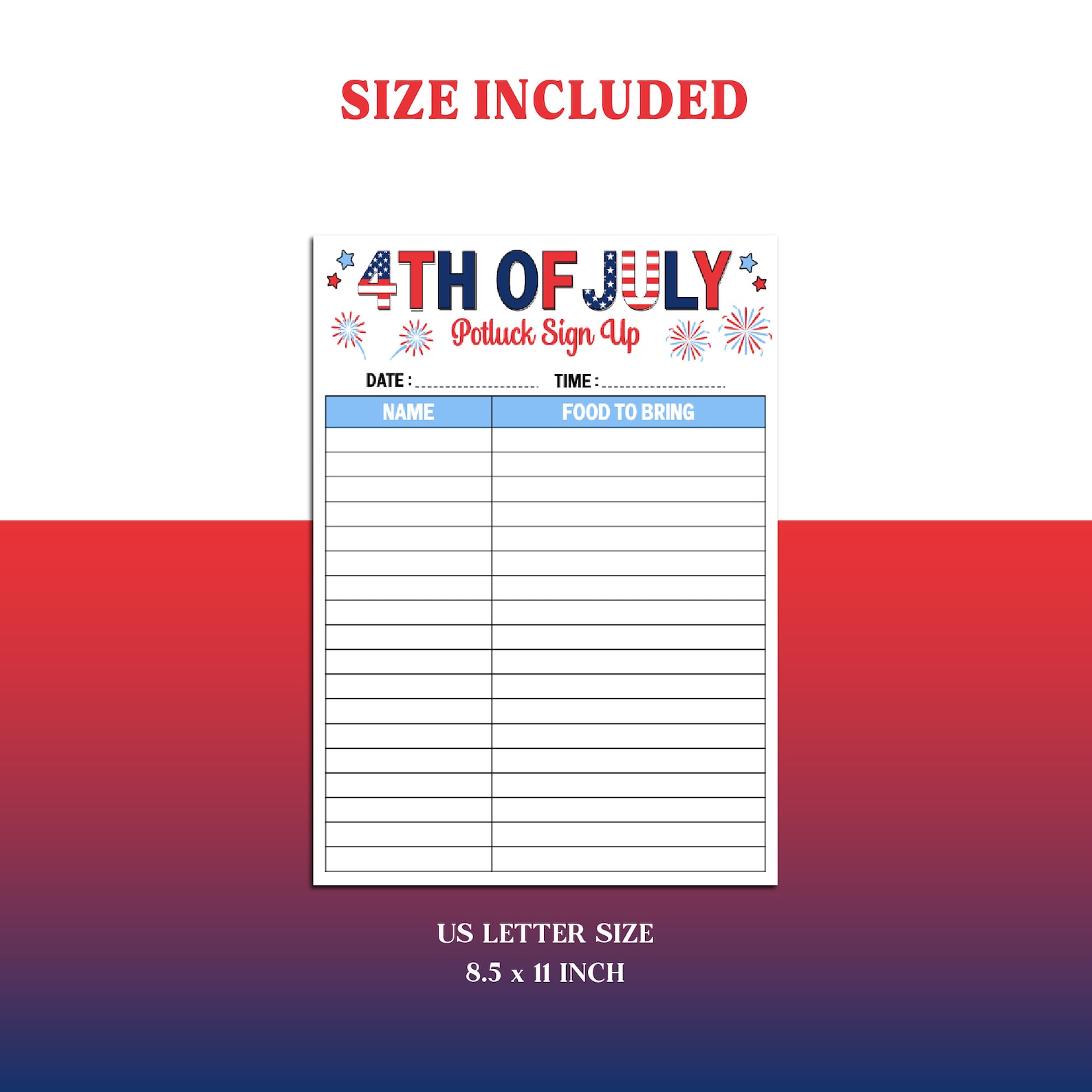 4th of July Potluck Sign up Sheet, 4th of July Sign up Form ...