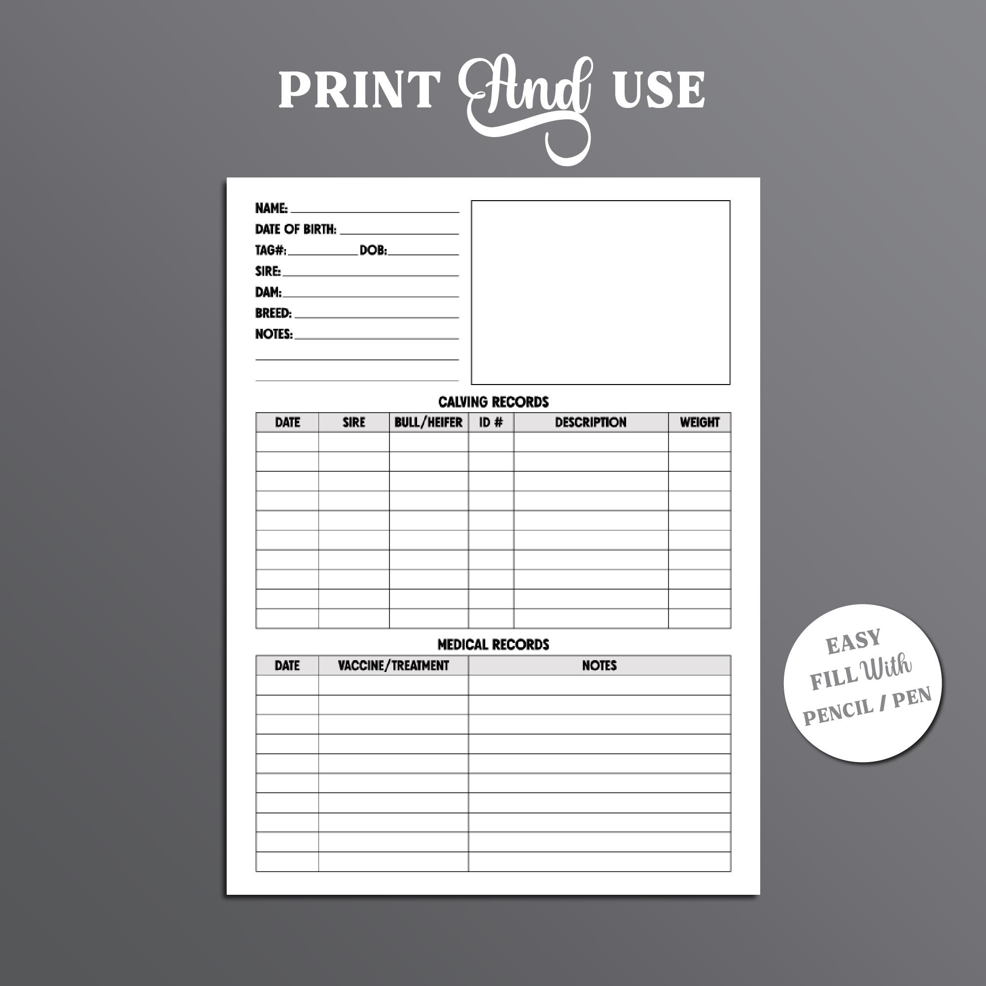 Cattle Herd Record Sheet, Printable Cattle Records Page, Homestead Cattle Care Tracker Sheet ...