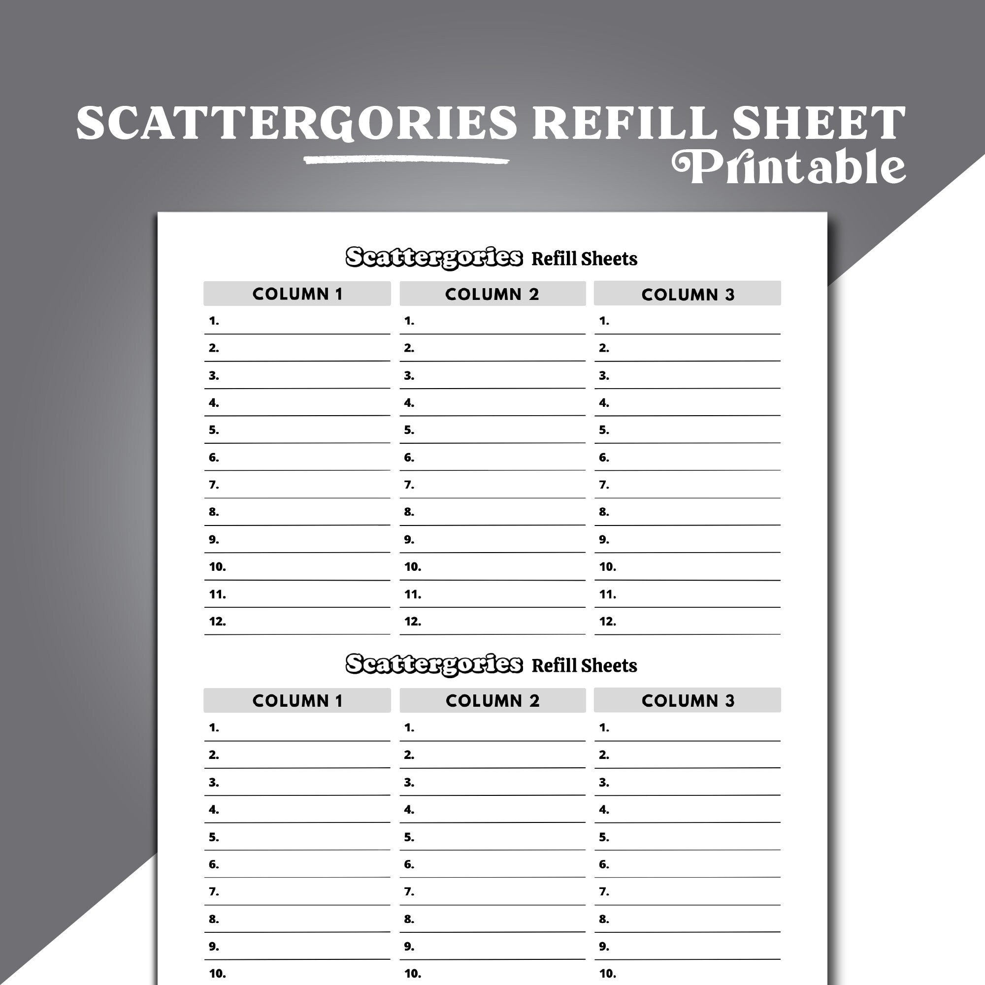 Scattergories Refill Sheet, Scattergories Score Sheet, Scattergories ...
