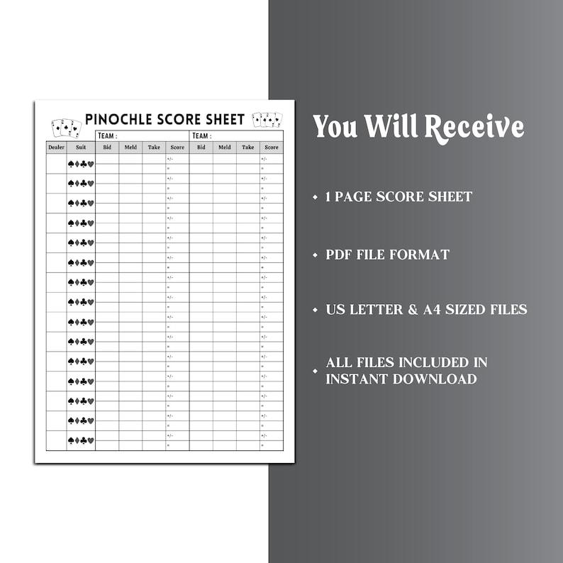 Pinochle Score Sheet, Double Pinochle Score Sheet, Pinochle Card Game ...