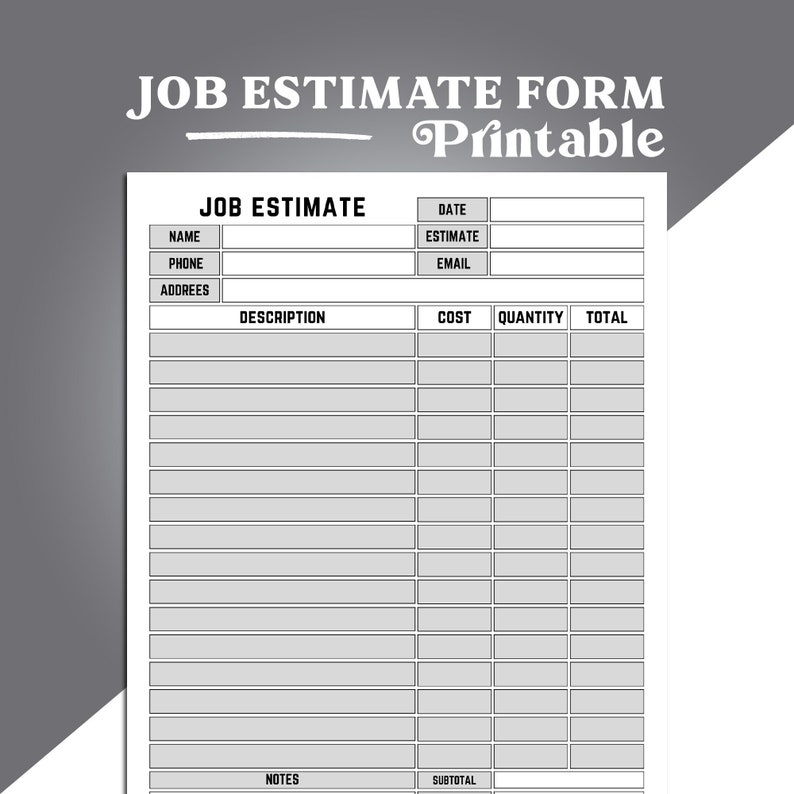 Estimate Form Printable, Job Estimate Template, Easy and Simple Job ...