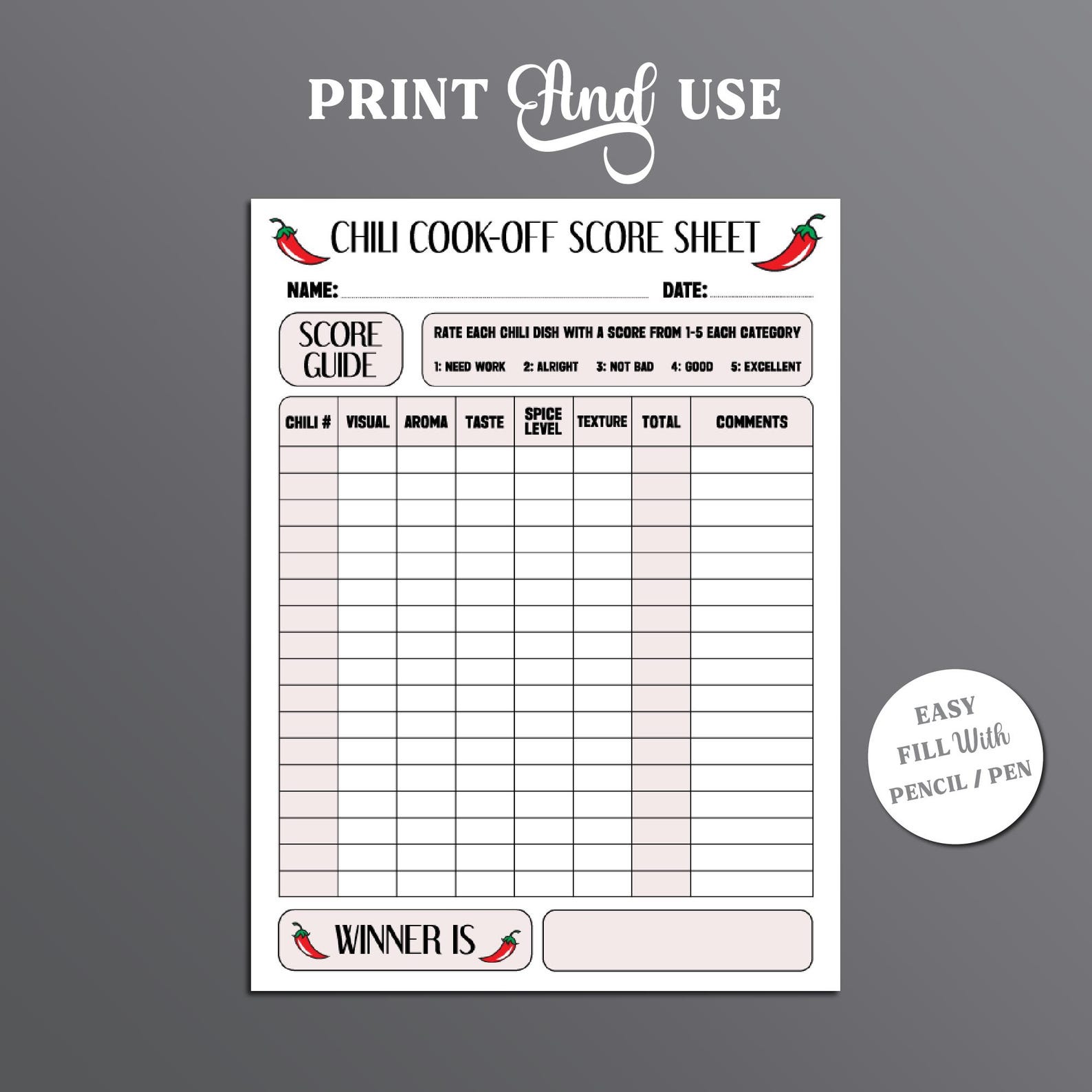Chili Cook-off Score Sheet Printable for Chili Competition, Cook off ...