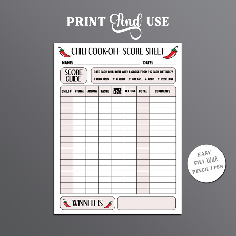 Chili Cook-off Score Sheet Printable for Chili Competition, Cook off ...