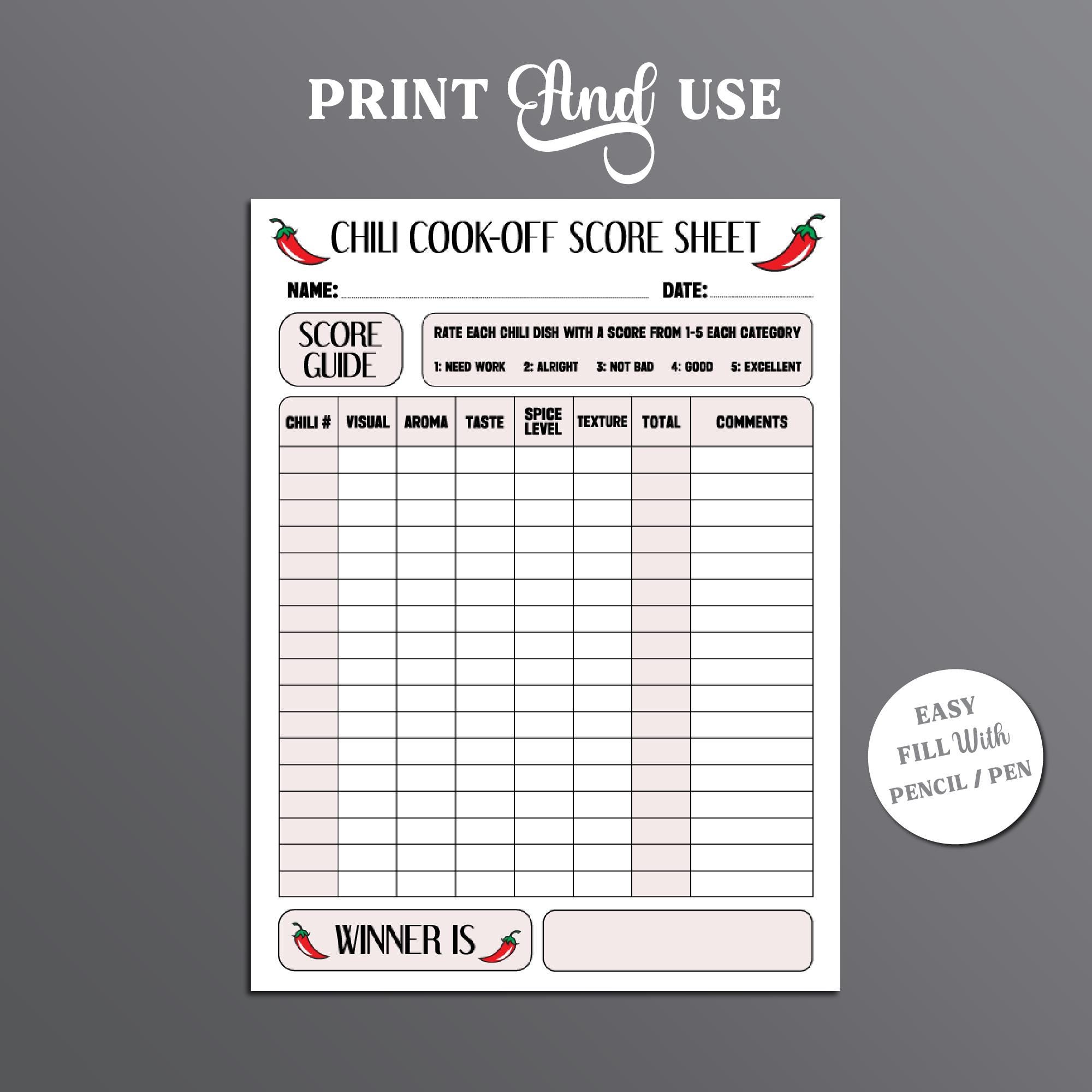 Chili Cook-off Score Sheet Printable for Chili Competition, Cook off ...