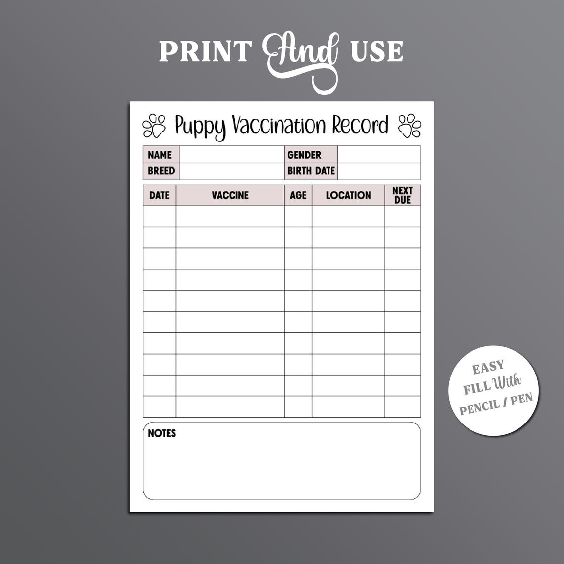 Puppy Vaccination Record, Puppy Immunization Log, Dog Shot Record, Pet ...