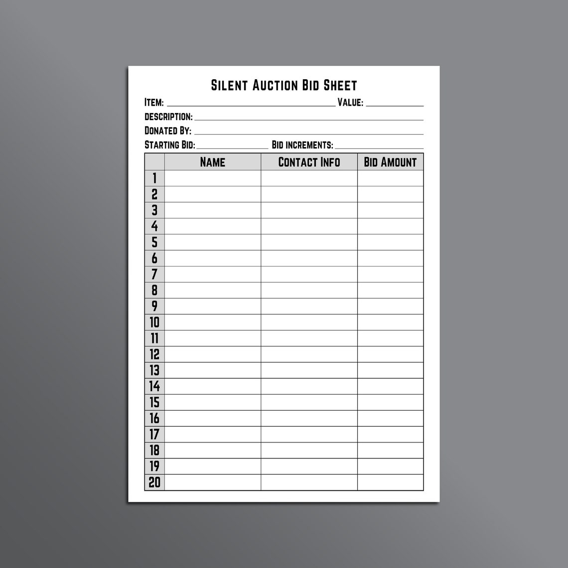 Silent Auction Bid Sheet Printable Template, Fundraising Event Bidding ...