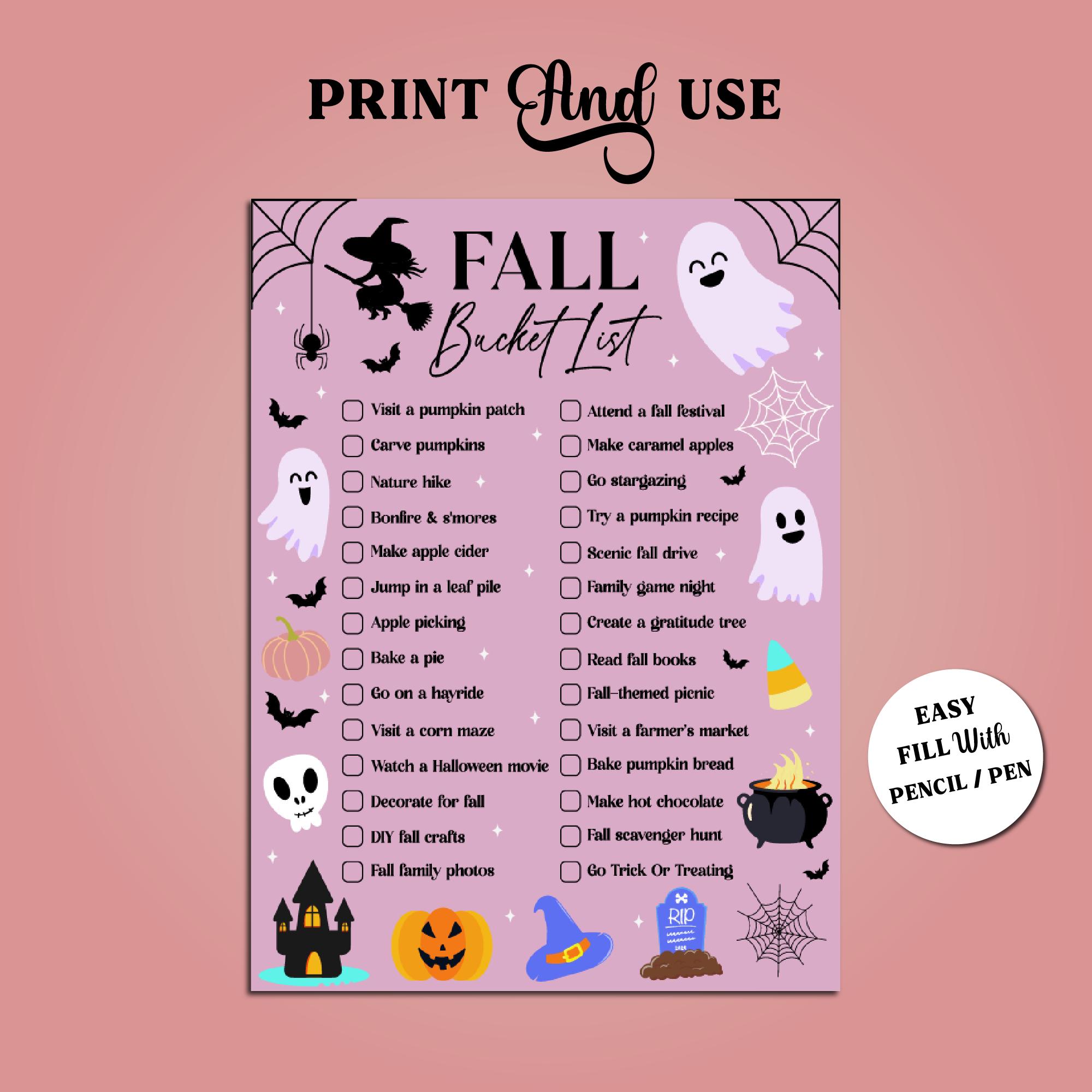 Fall Bucket List Printable Theme Pink, Fall to Do List for Family ...