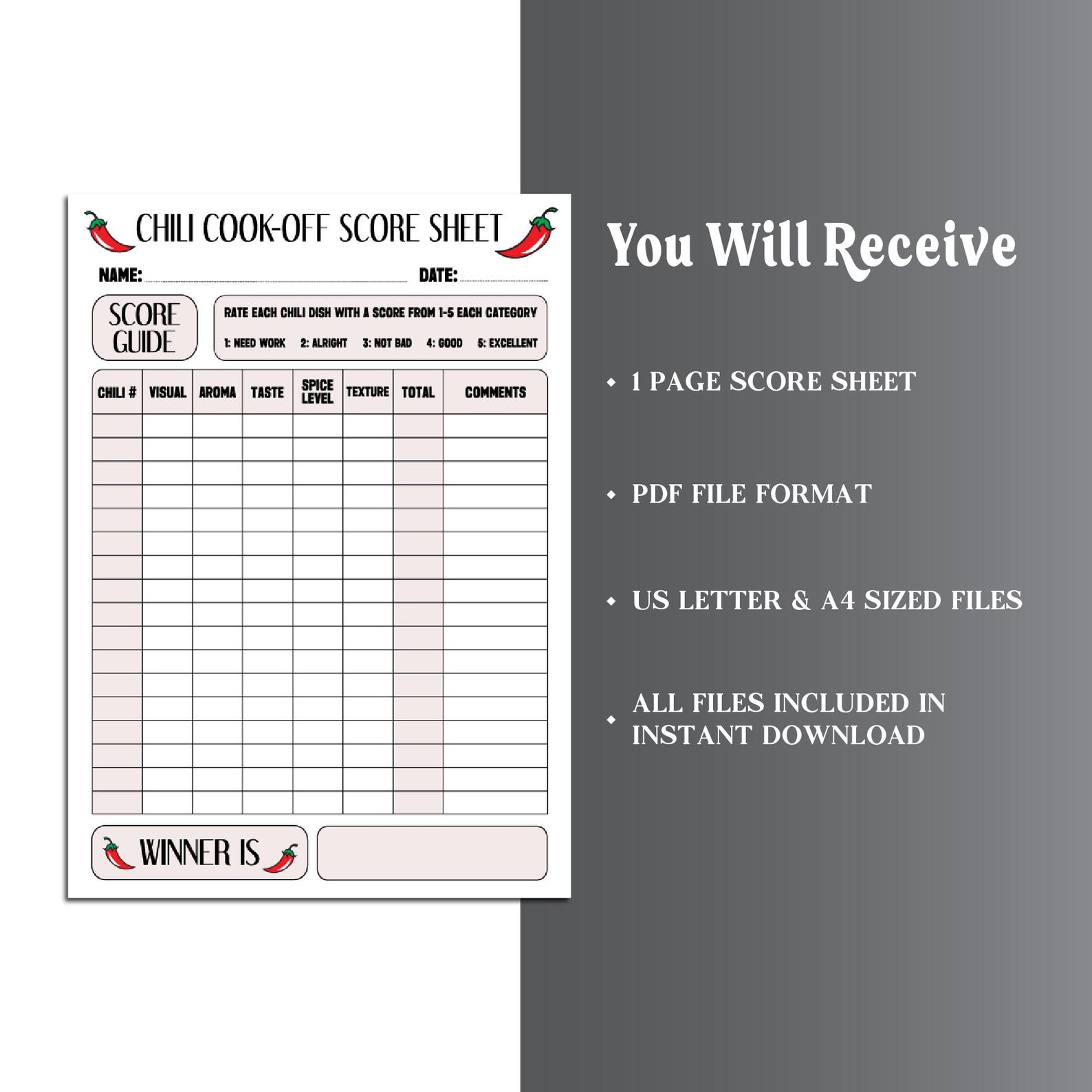 Chili Cook-off Score Sheet Printable for Chili Competition, Cook off ...