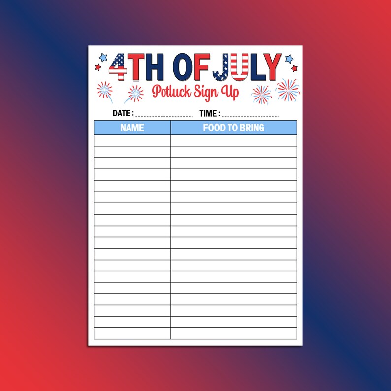 4th of July Potluck Sign up Sheet, 4th of July Sign up Form ...