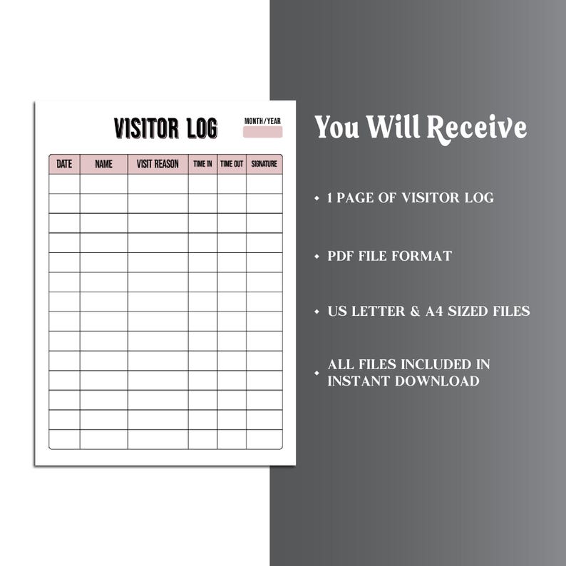 Visitor Log Printable, Visitor Log Sheet, Visitor Tracker Template ...