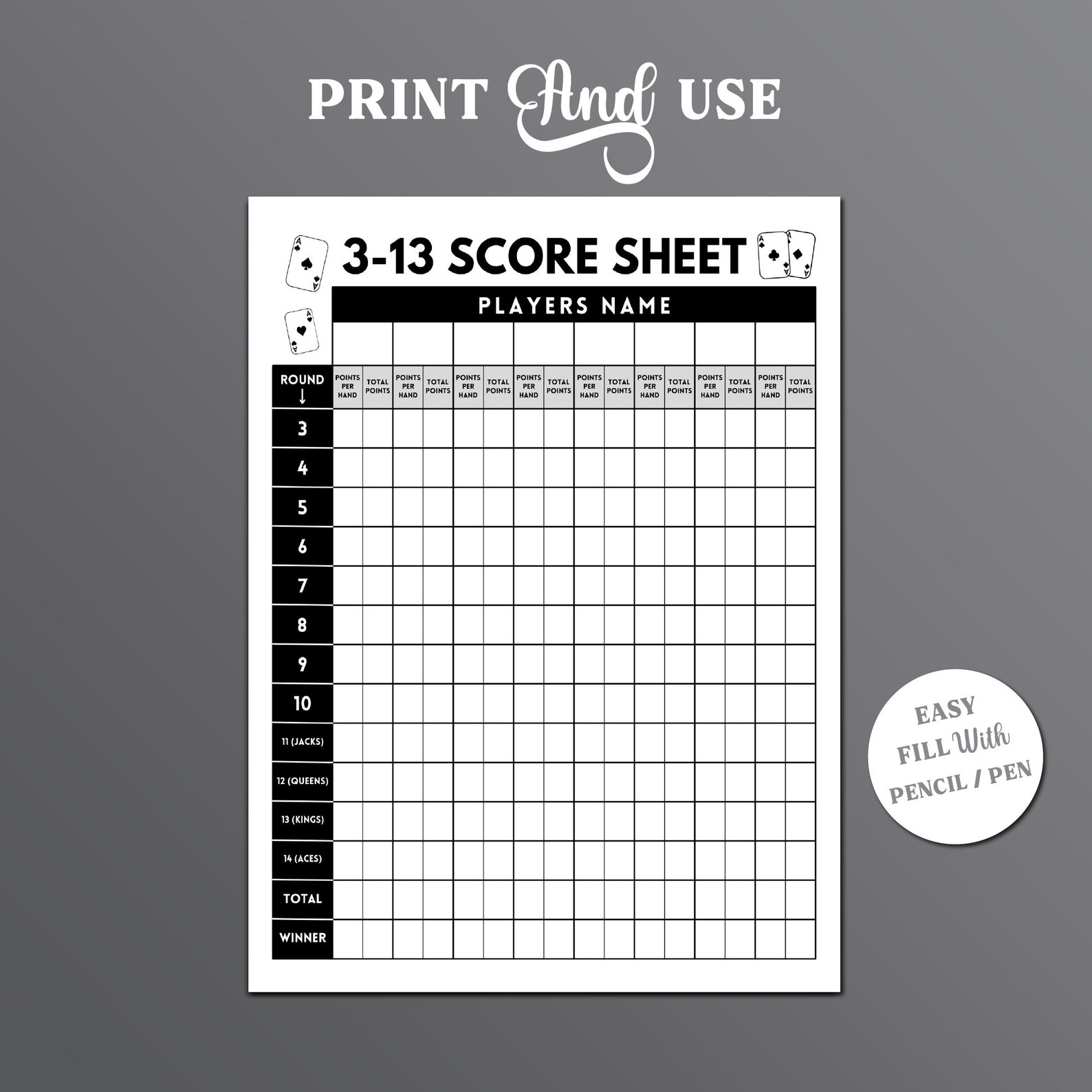 3-13 Game Score Sheets, Three Thirteen Card Game Score Sheets, 3 to 13 ...