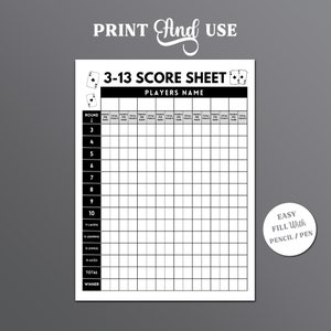 3-13 Game Score Sheets, Three Thirteen Card Game Score Sheets, 3 to 13 ...