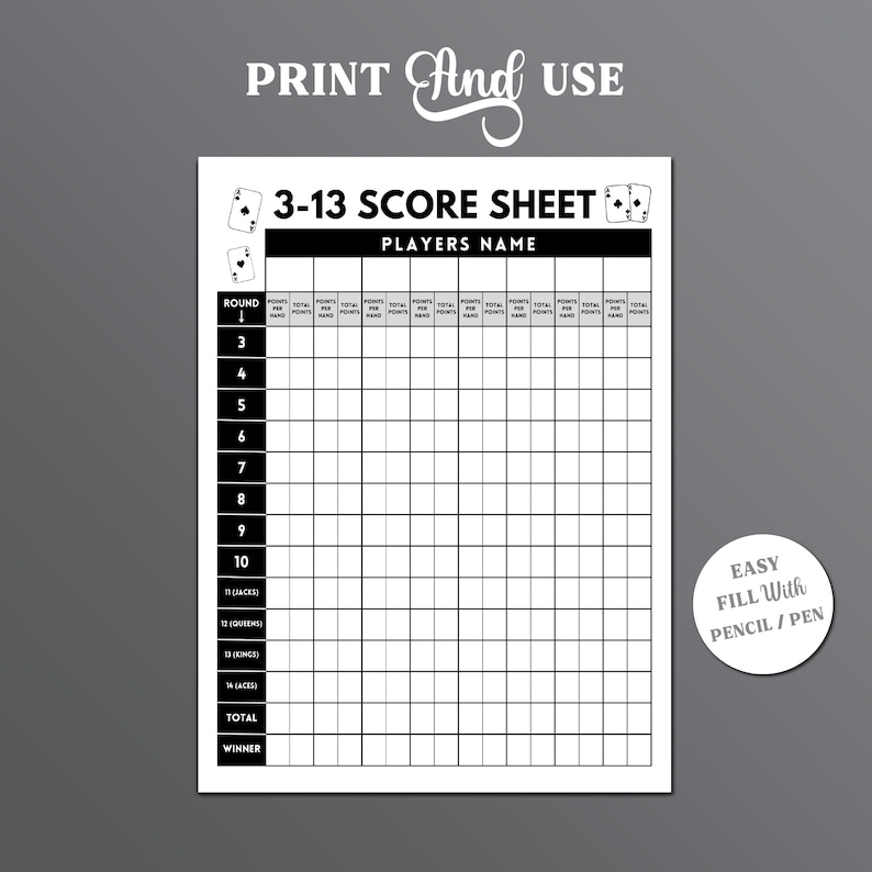 3-13 Game Score Sheets, Three Thirteen Card Game Score Sheets, 3 to 13 ...