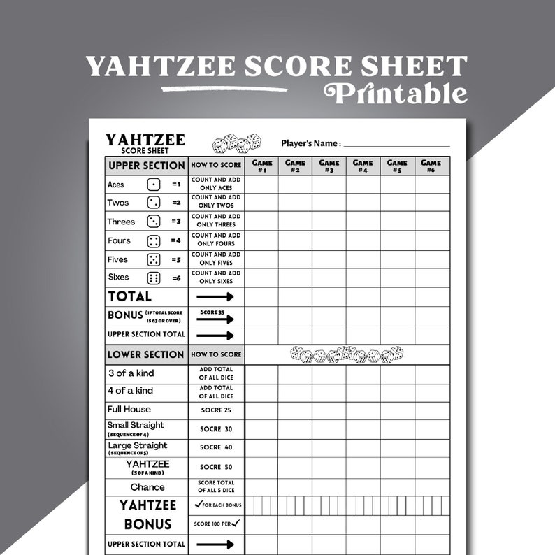 Yahtzee Score Sheet, Yahtzee Score Card, Yahtzee Board Game Score Sheet ...