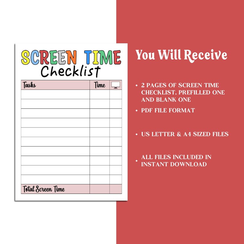 Screen Time Checklist Kids Printable, Earn Screen Time, Screen Time ...