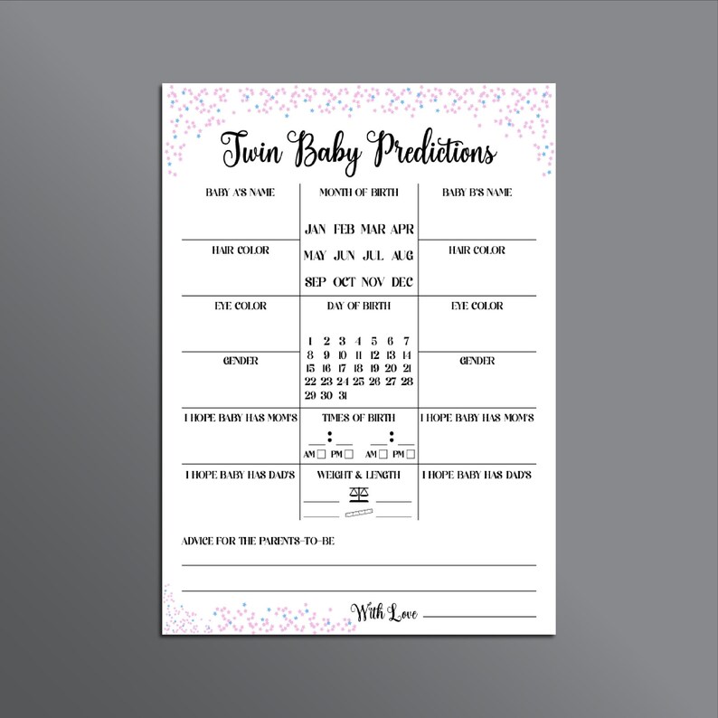 Twin Baby Predictions Printable, Baby Shower Twin Prediction Cards ...