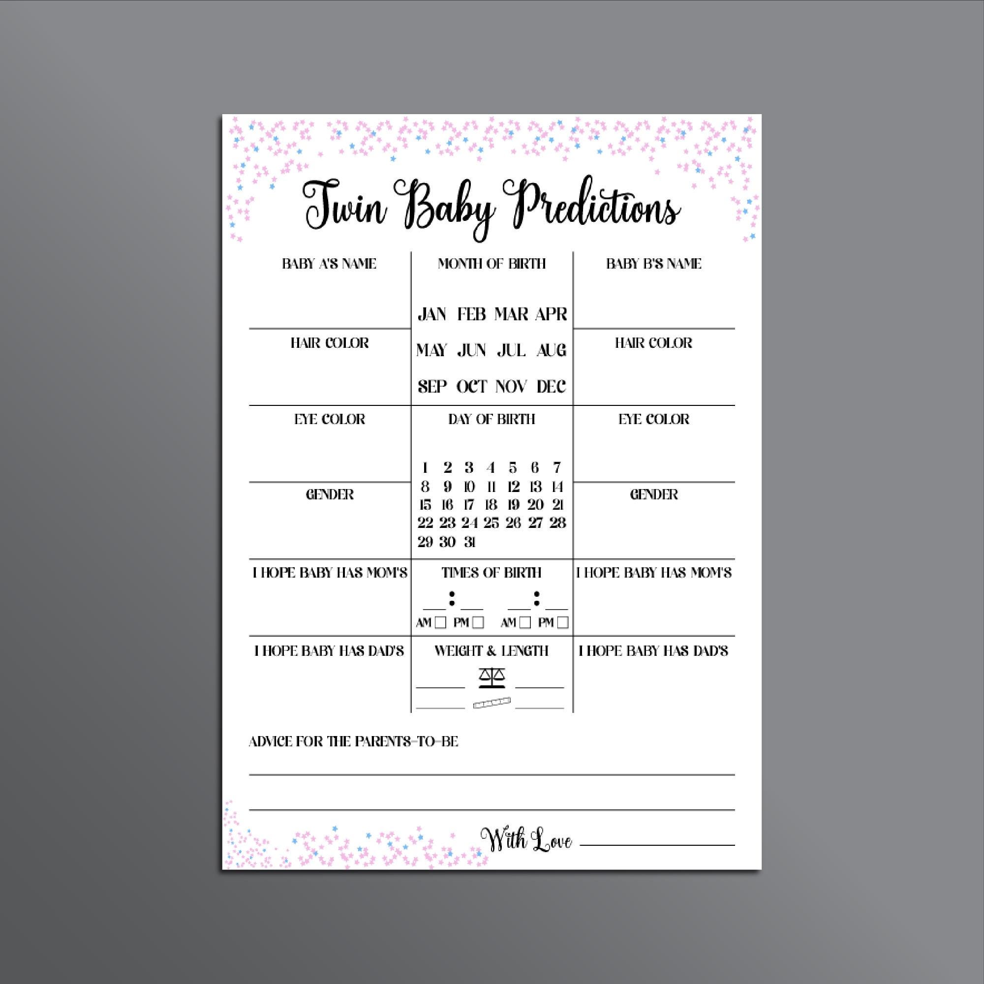 Twin Baby Predictions Printable, Baby Shower Twin Prediction Cards ...