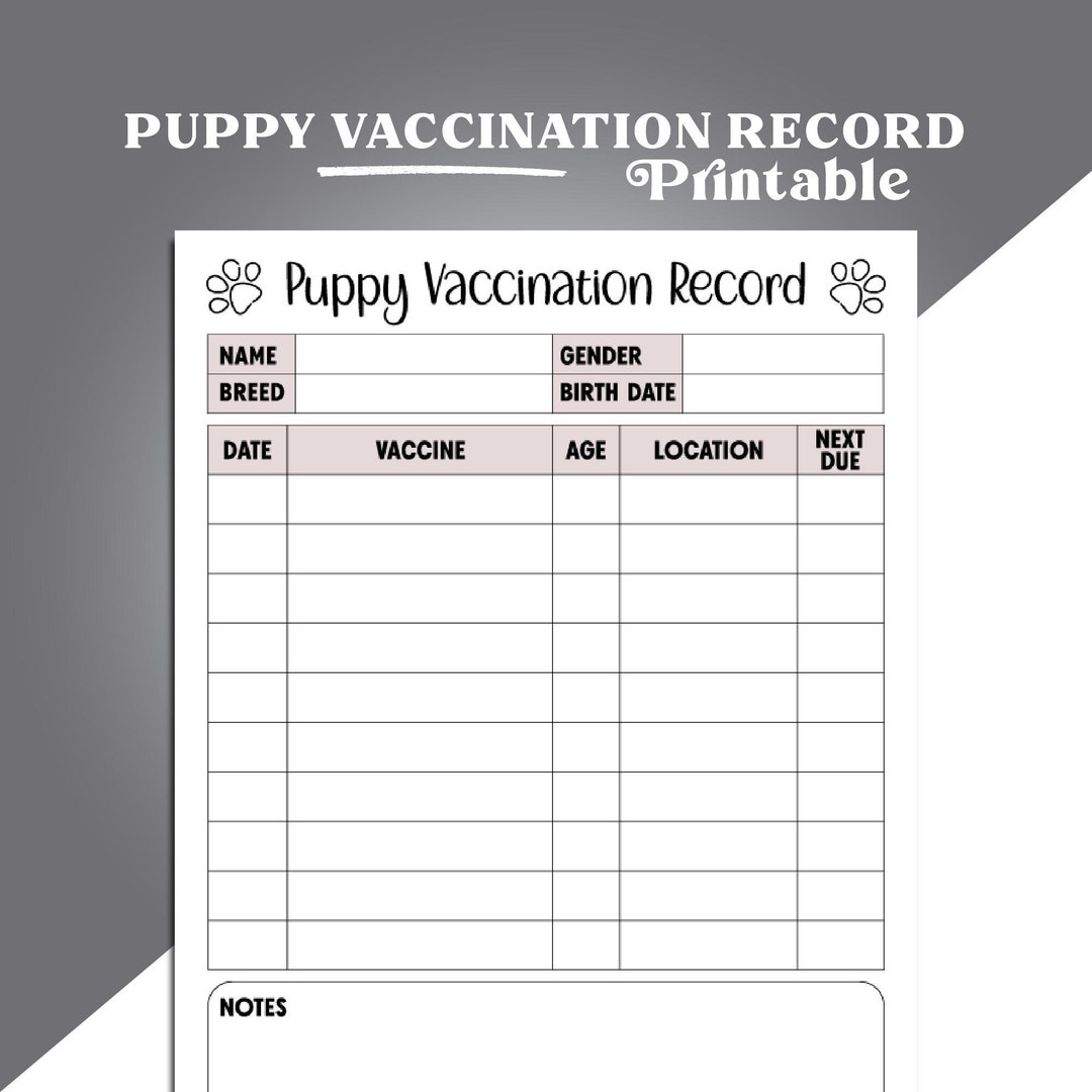 Puppy Vaccination Record, Puppy Immunization Log, Dog Shot Record, Pet ...