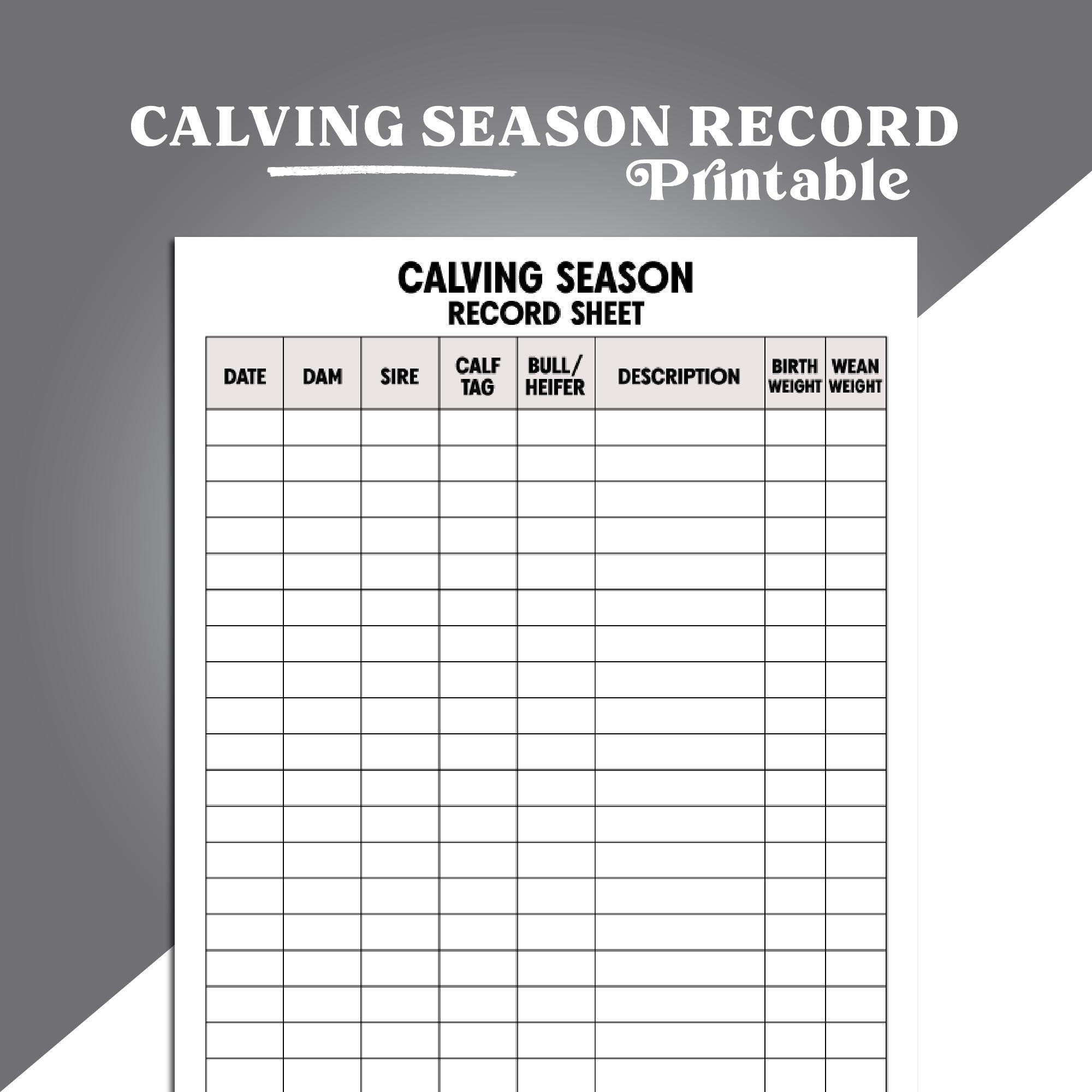 Calving Season Record Sheet, Farm Management, Record Keeping, Homestead ...