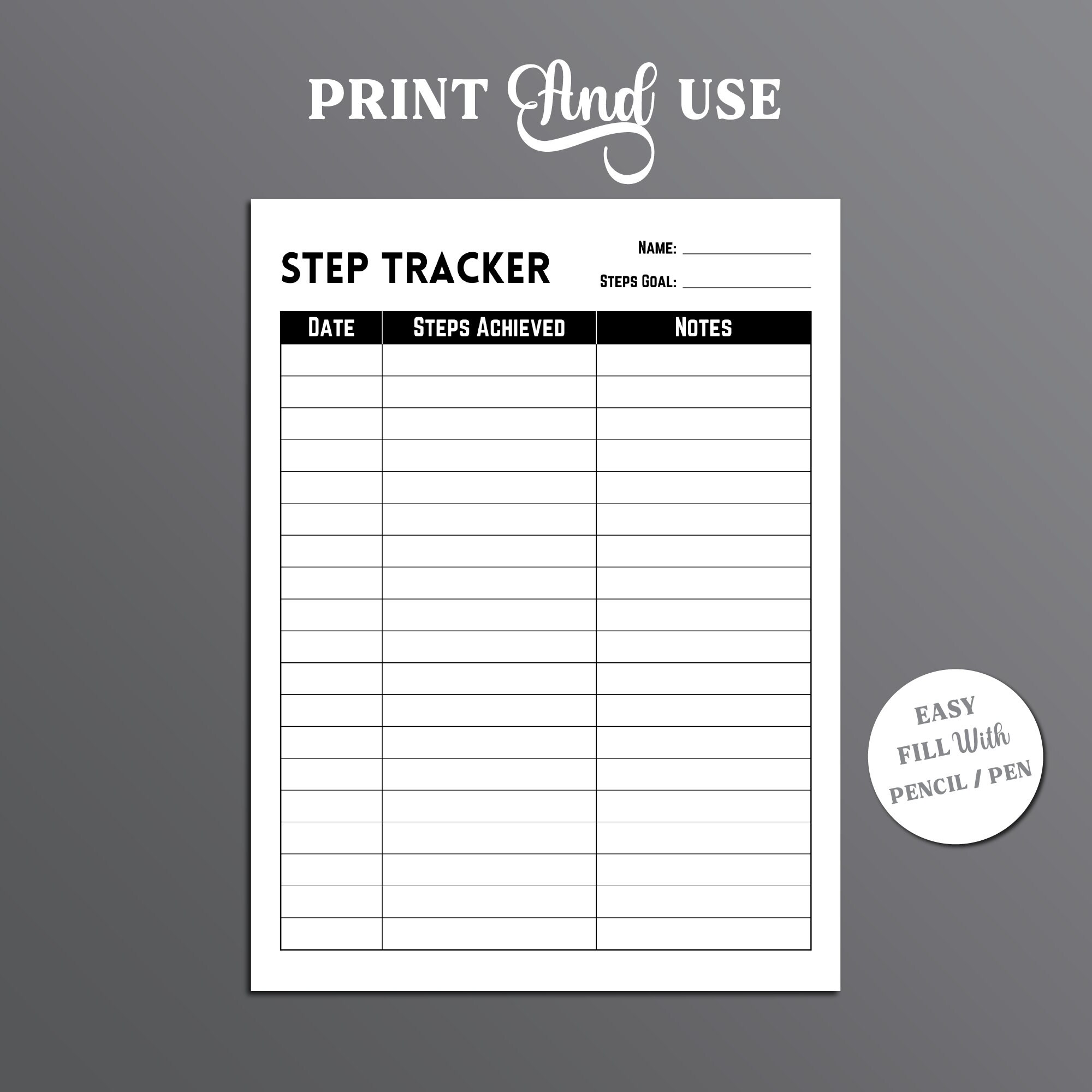 Simple Step Tracker Printable, Daily Walking Log, Health and Wellness ...