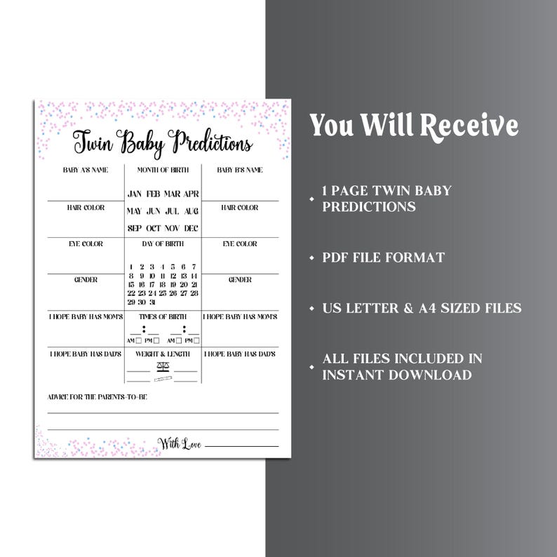 Twin Baby Predictions Printable, Baby Shower Twin Prediction Cards ...