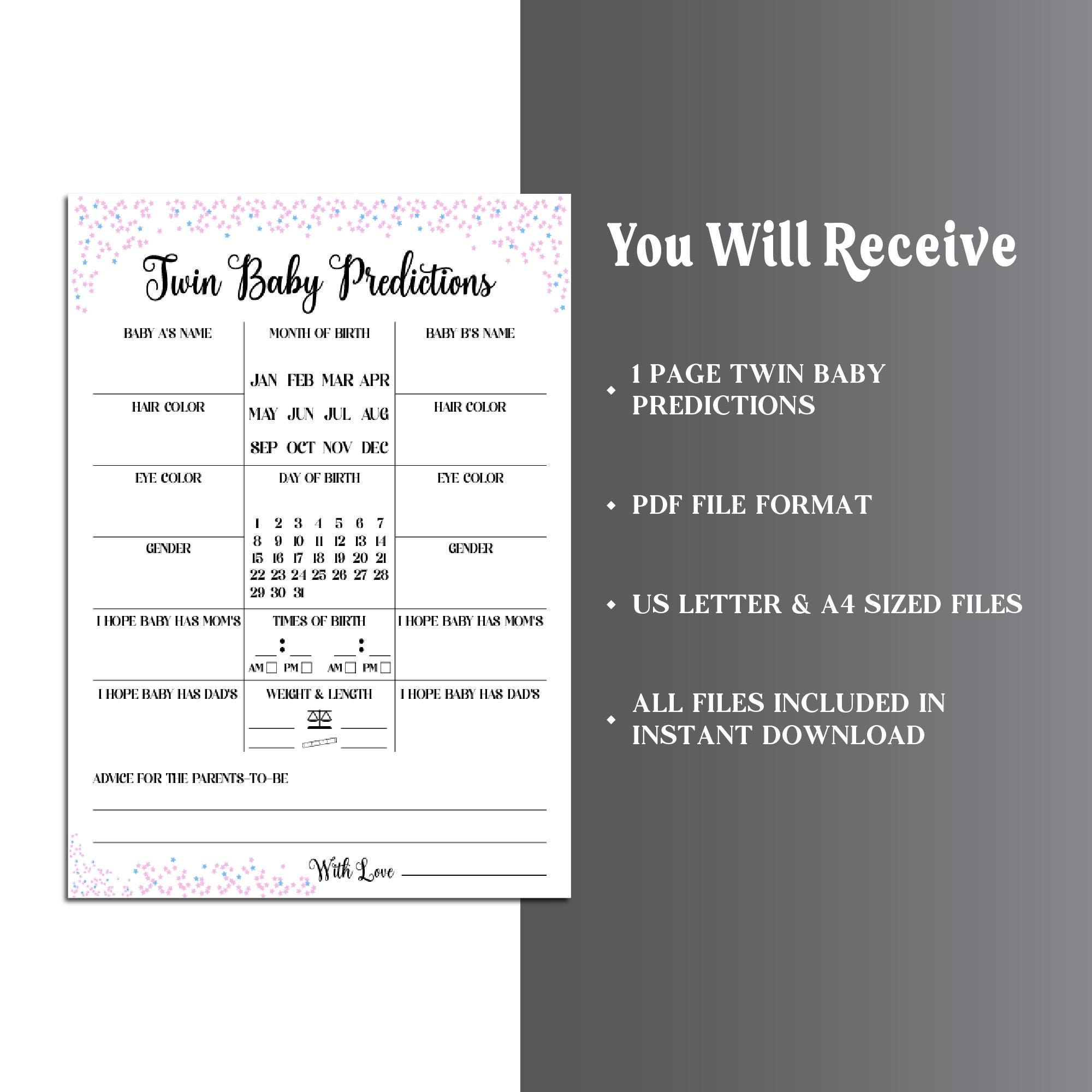 Twin Baby Predictions Printable, Baby Shower Twin Prediction Cards ...