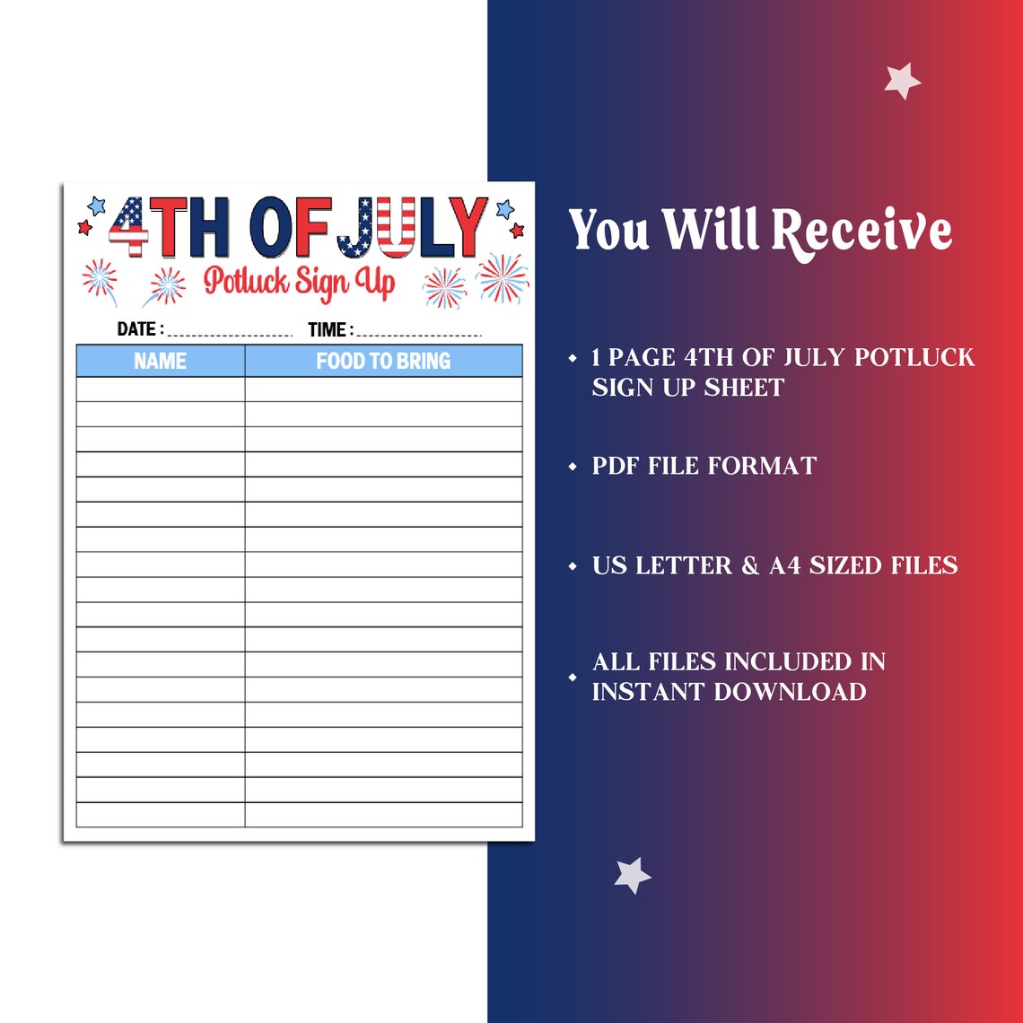 4th of July Potluck Sign up Sheet, 4th of July Sign up Form ...