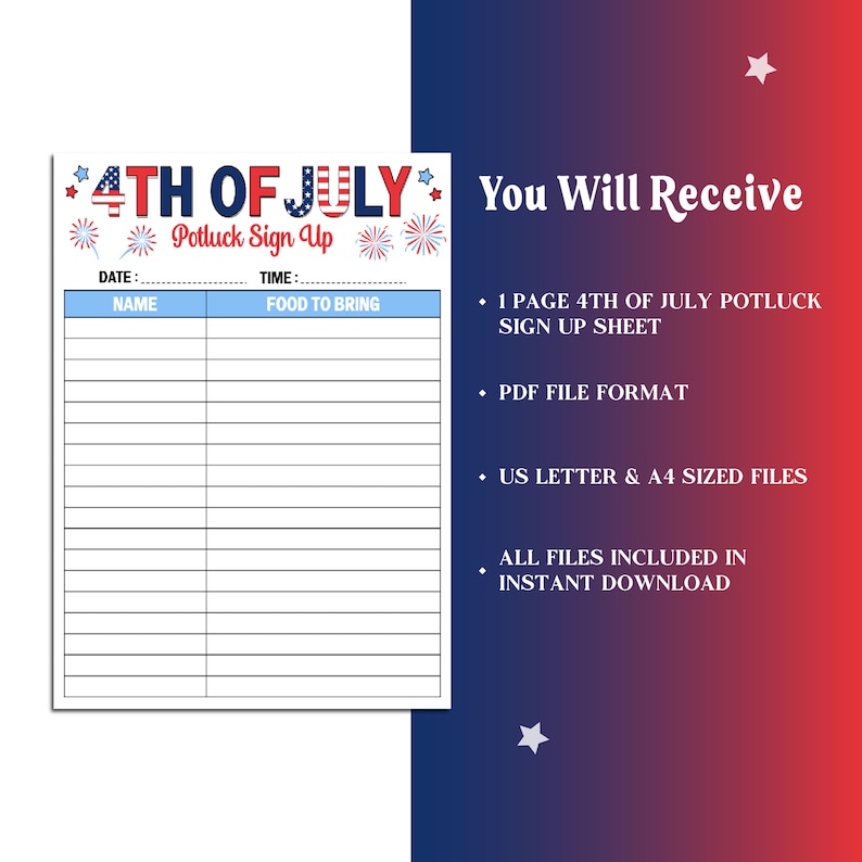 4th of July Potluck Sign up Sheet, 4th of July Sign up Form ...