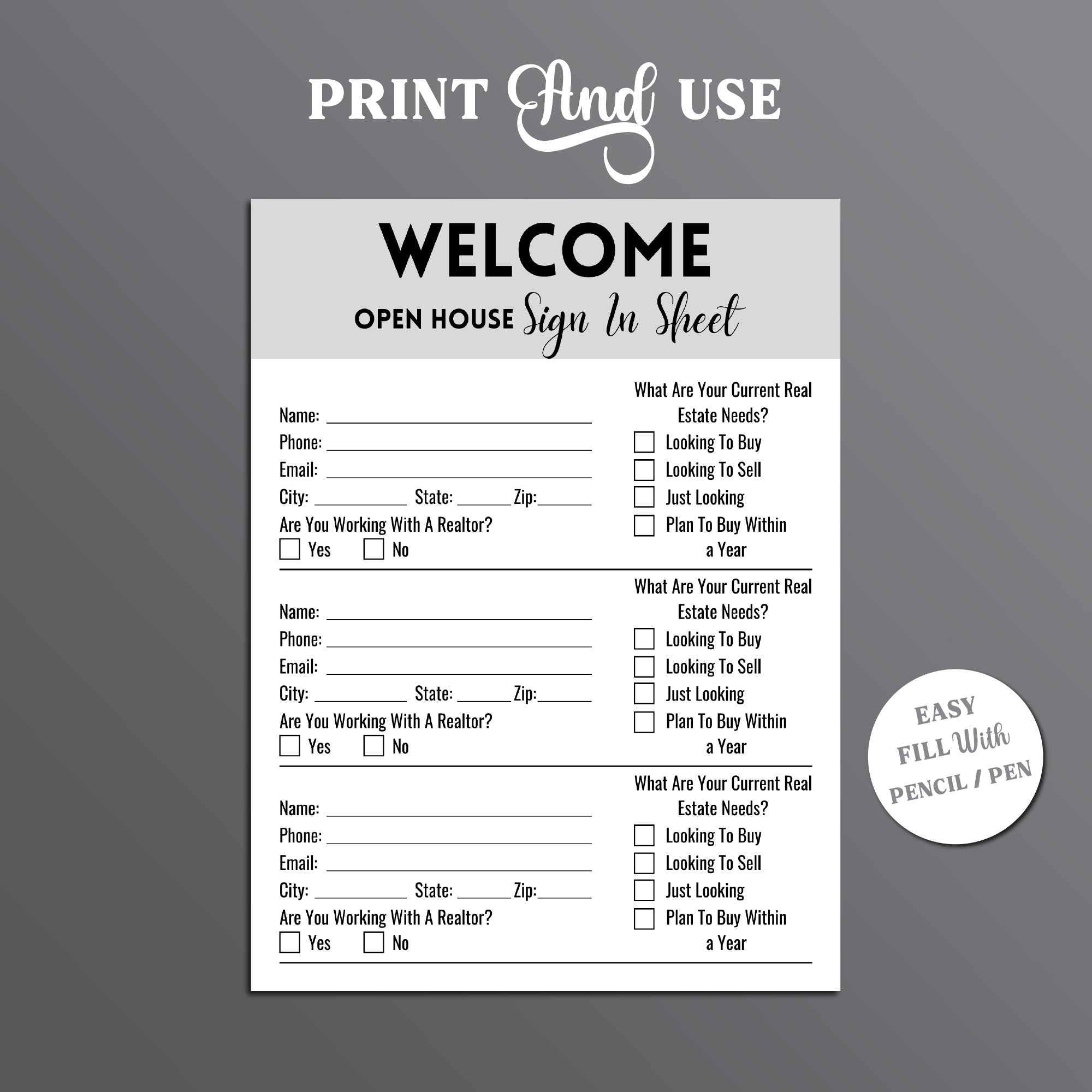 Open House Sign-in Sheet Template, Real Estate Visitor Log, Realtor ...