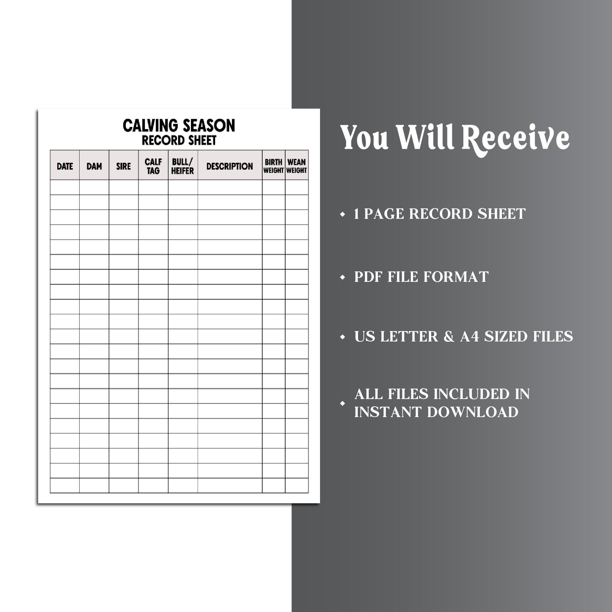 Calving Season Record Sheet, Farm Management, Record Keeping, Homestead ...