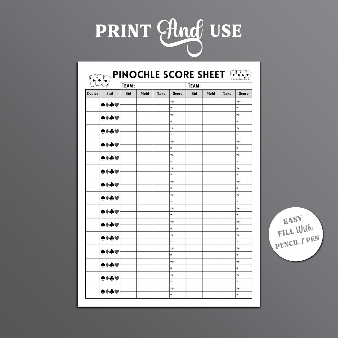 Pinochle Score Sheet, Double Pinochle Score Sheet, Pinochle Card Game ...