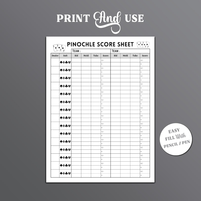 Pinochle Score Sheet, Double Pinochle Score Sheet, Pinochle Card Game ...