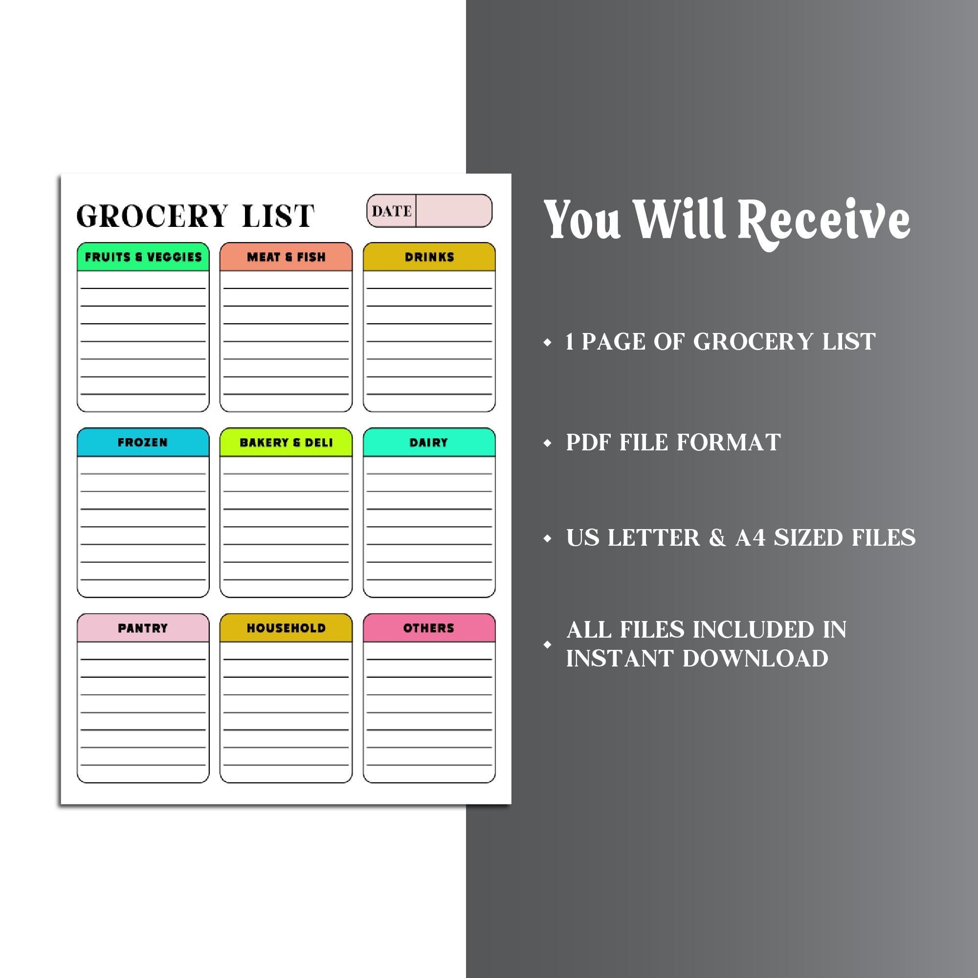 Grocery List Printable Template, Shopping List Printable, Food Shopping ...