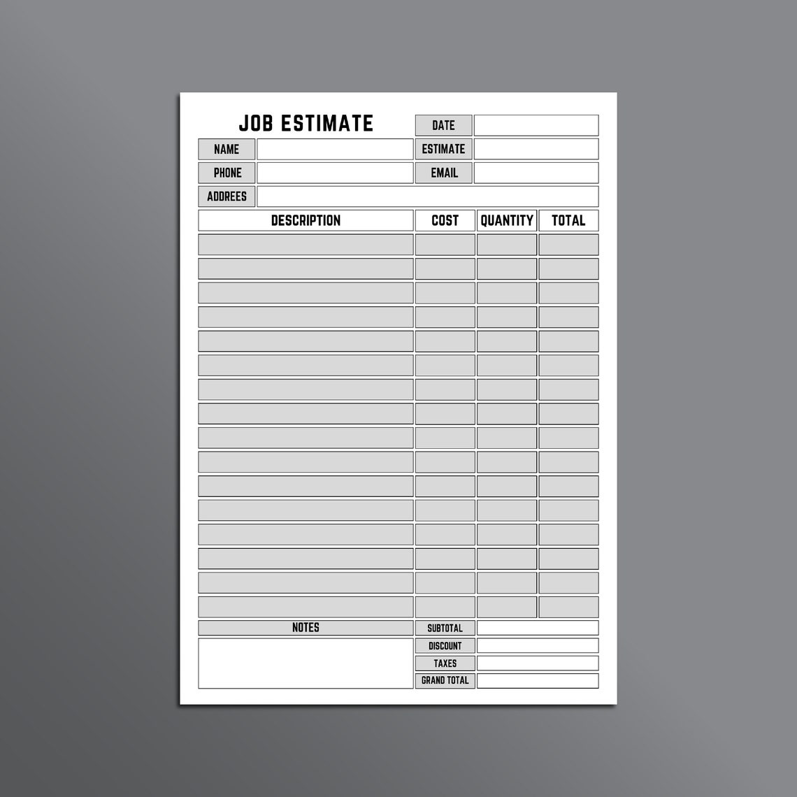 Estimate Form Printable, Job Estimate Template, Easy and Simple Job ...