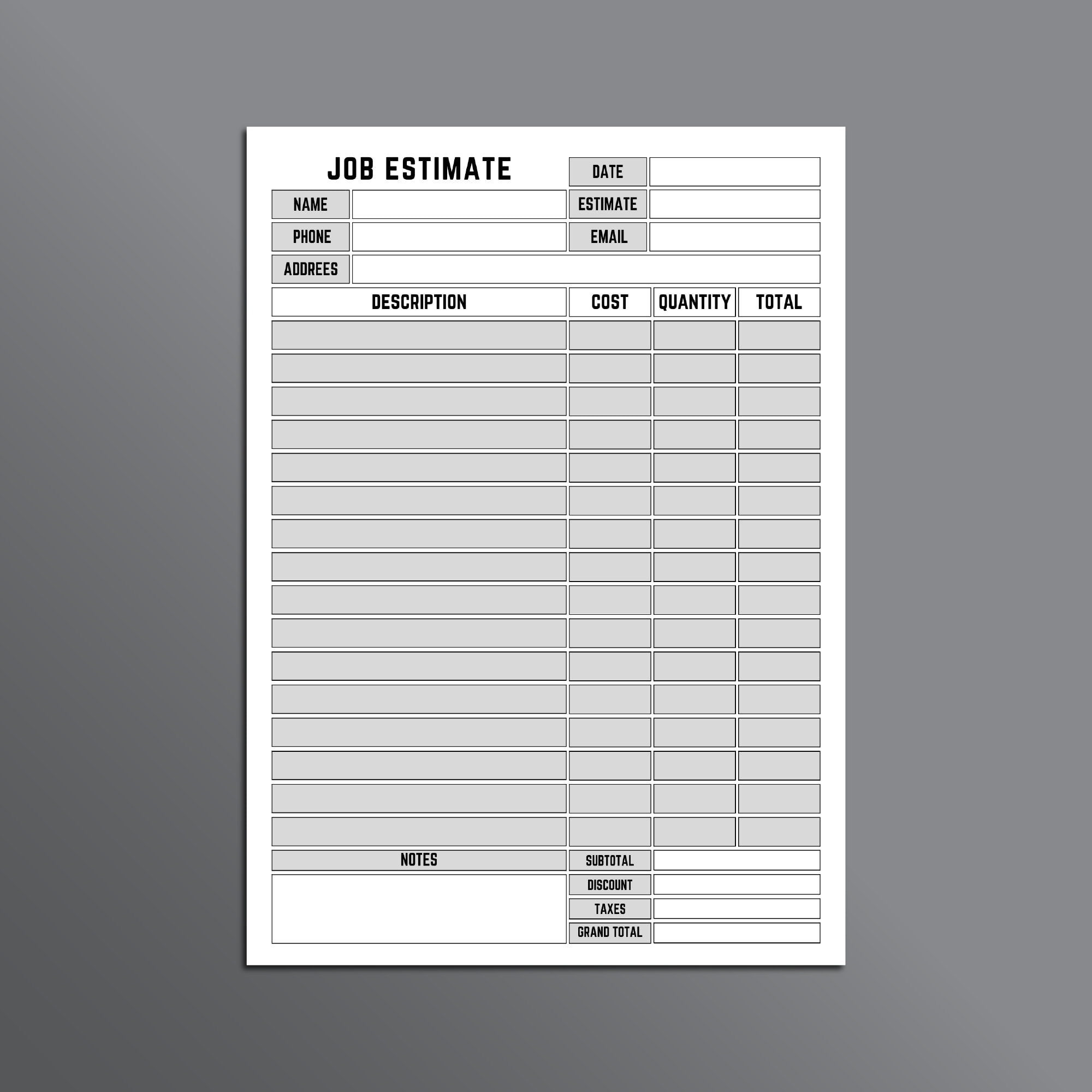 Estimate Form Printable, Job Estimate Template, Easy and Simple Job ...