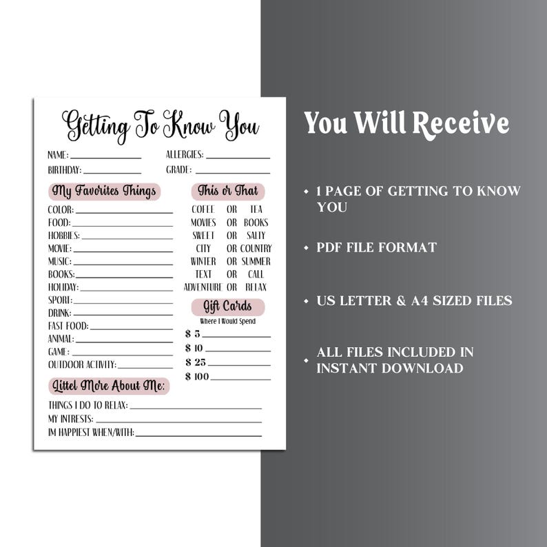 Getting to Know You Questions Printable, Coworker Questions, All About ...