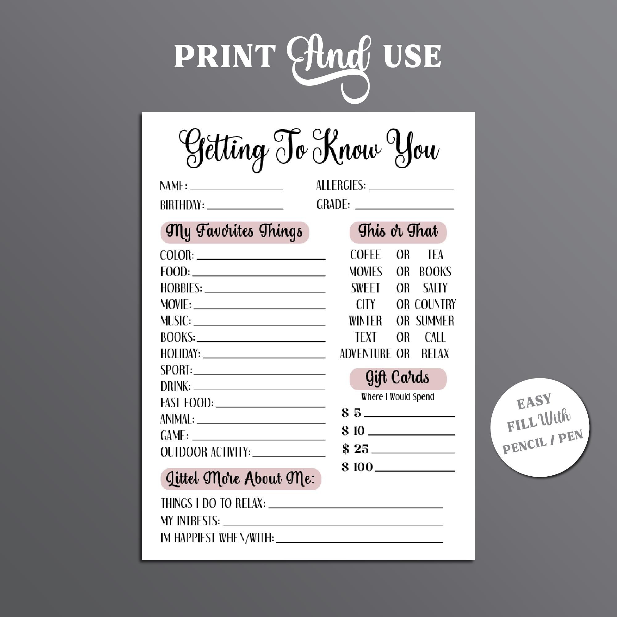 Getting to Know You Questions Printable, Coworker Questions, All About ...