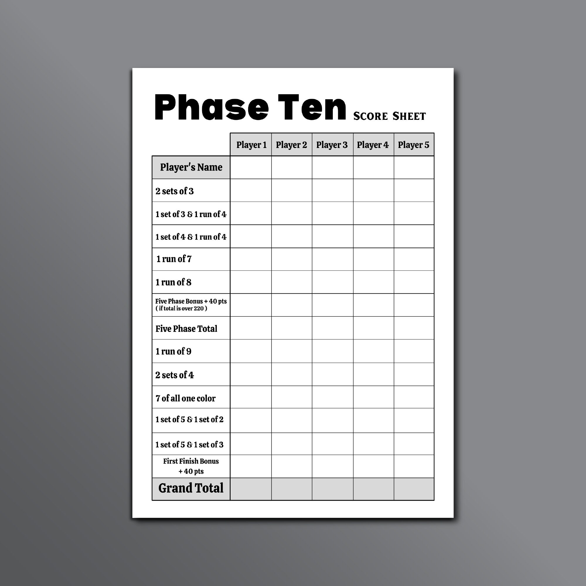 Phase 10 Card Game Score Sheet Phase 10 Score Sheet Phase 10 Score