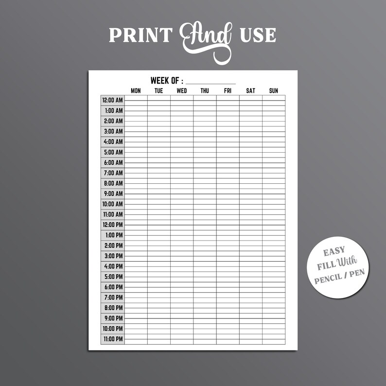 24 Hour Weekly Schedule Printable, Printable Daily Planner, Hourly ...