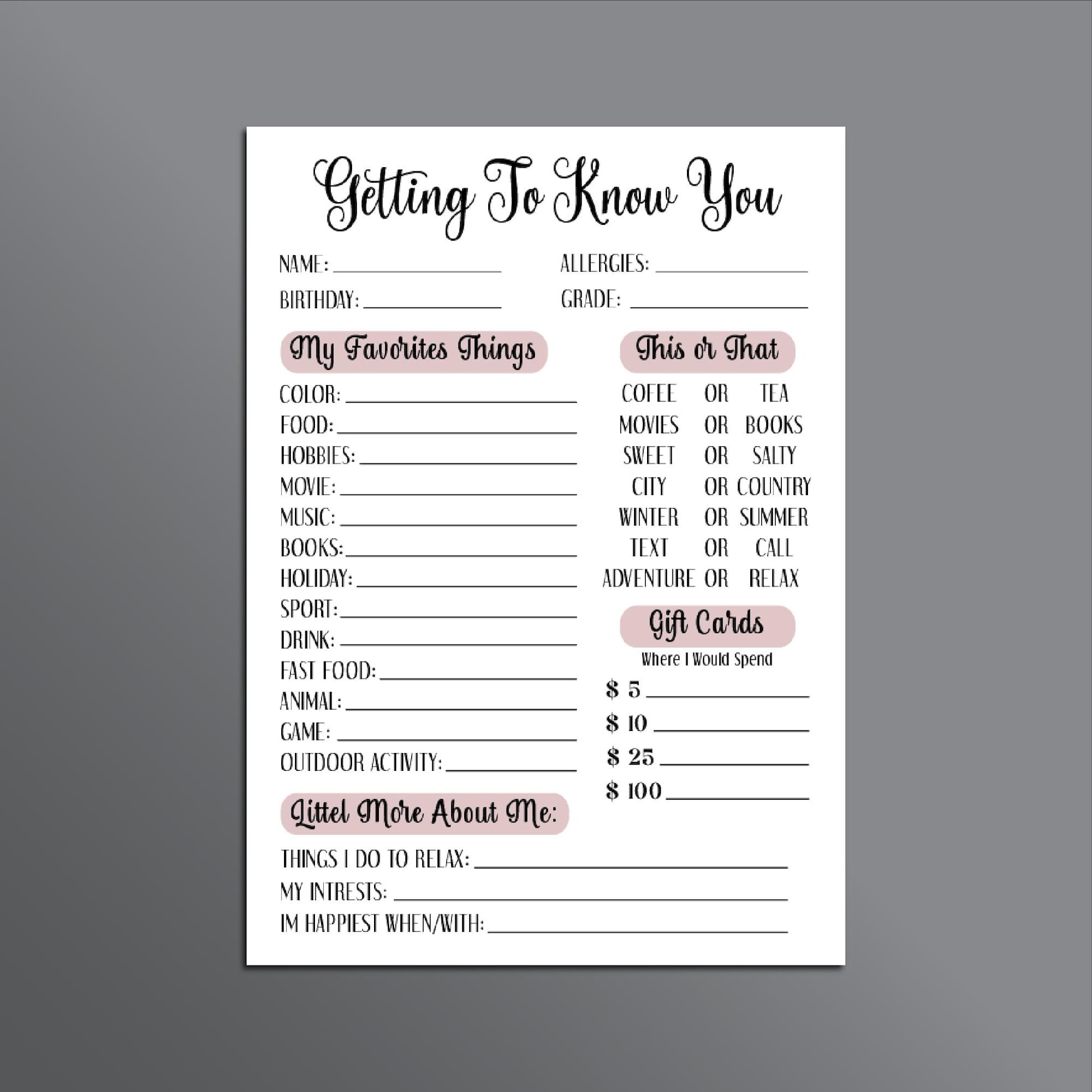 Getting to Know You Questions Printable, Coworker Questions, All About ...